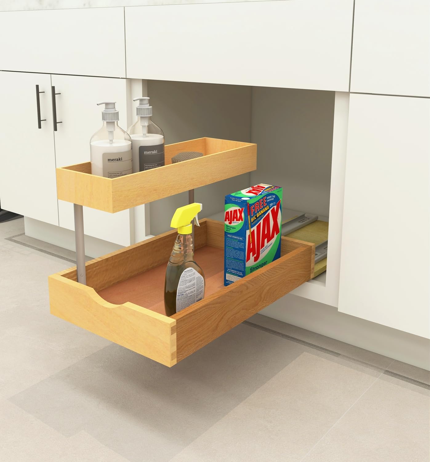 2 Tier Pull Out Organizer Shelf Sliding Drawer Storage for Kitchen Bathroom Storage Cabinet Under Sink Slide Out Shelf Organizing Storage Pull-Out Cabinet Organizer Roll Out Drawer (12'' Width)