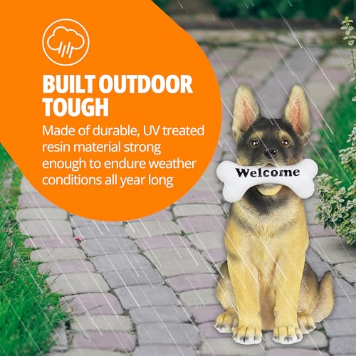 Exhart Garden Sculpture, Solar German Shepherd Dog Statue, LED Welcome Sign Bone, Outdoor Garden Decoration, 11.5 x 14.5 Inch