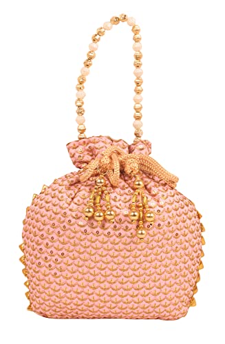 Indtresor beaded handcrafted brocade evening purse drawstring handbag vintage party wedding gift for women. Light Pink Gold