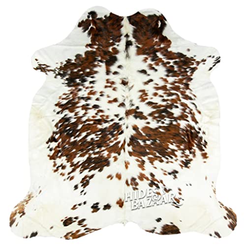 HIDES BAZAAR Light-Tricolor Cowhide Rug, White, Brown and Black Color Mix, Natural Leather Hide, Area Rug (5x7ft)