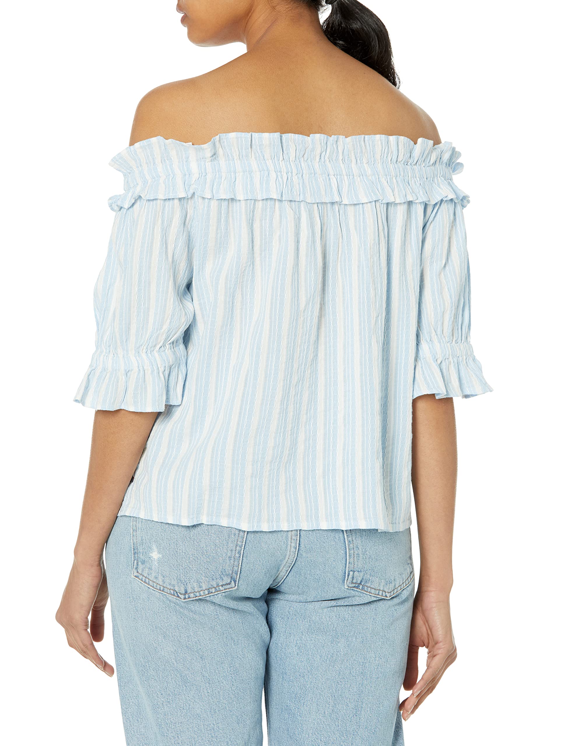Tommy Jeans Women's Short Sleeve Off The Shoulder Striped Top, Blue/White, S