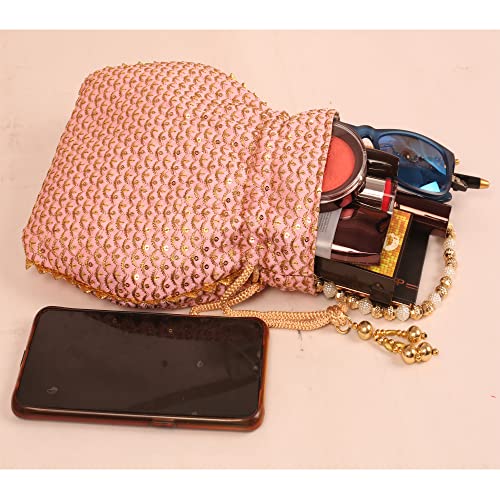Indtresor beaded handcrafted brocade evening purse drawstring handbag vintage party wedding gift for women. Light Pink Gold