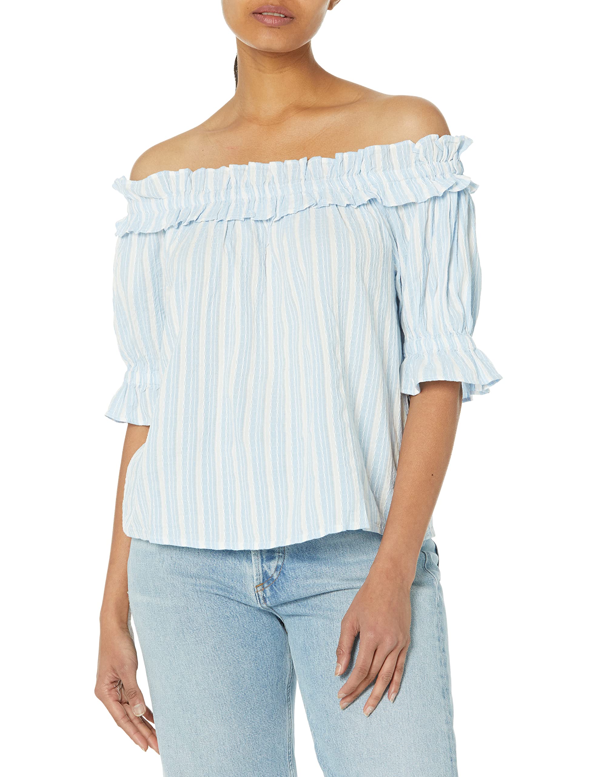 Tommy Jeans Women's Short Sleeve Off The Shoulder Striped Top, Blue/White, S