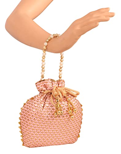 Indtresor beaded handcrafted brocade evening purse drawstring handbag vintage party wedding gift for women. Light Pink Gold