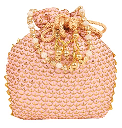Indtresor beaded handcrafted brocade evening purse drawstring handbag vintage party wedding gift for women. Light Pink Gold