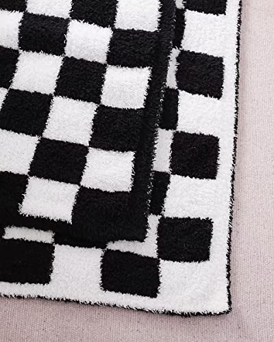 Panku Super Soft Checkered Throw Blanket, Knitted Cozy Warm Checkboard Fleece Blankets for Couch and Sofa, Reversiable Luxury Fluffy Plaid Knit Blanket Throw Black and White 50x60 Inches
