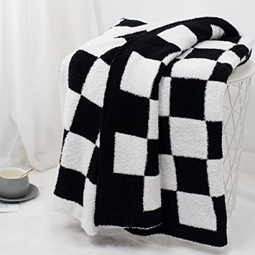 Carriediosa Black Checkered Blanket, Soft Fluffy Plaid Throw Blanket for Sofa Bed Chair, Knitted Farmhouse Luxurious Microfiber Feather Yarn Warm Blankets (Black Check 50" x 60")
