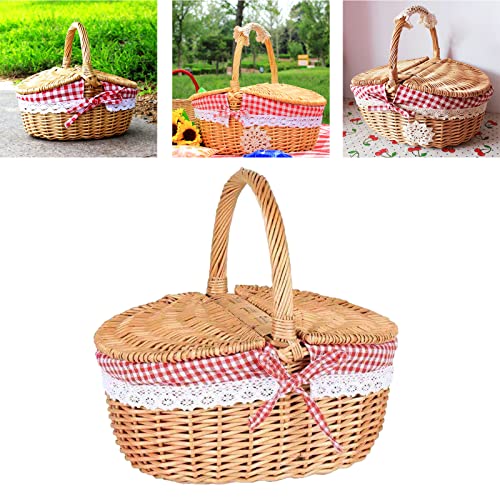 Gazechimp Handwoven Wicker Picnic Basket with Lid and Handle Rattan Storage Serving Basket Wicker Storage Hamper for Outdoor Beach Camping Hiking
