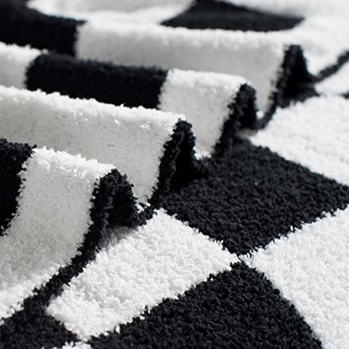 Carriediosa Black Checkered Blanket, Soft Fluffy Plaid Throw Blanket for Sofa Bed Chair, Knitted Farmhouse Luxurious Microfiber Feather Yarn Warm Blankets (Black Check 50" x 60")