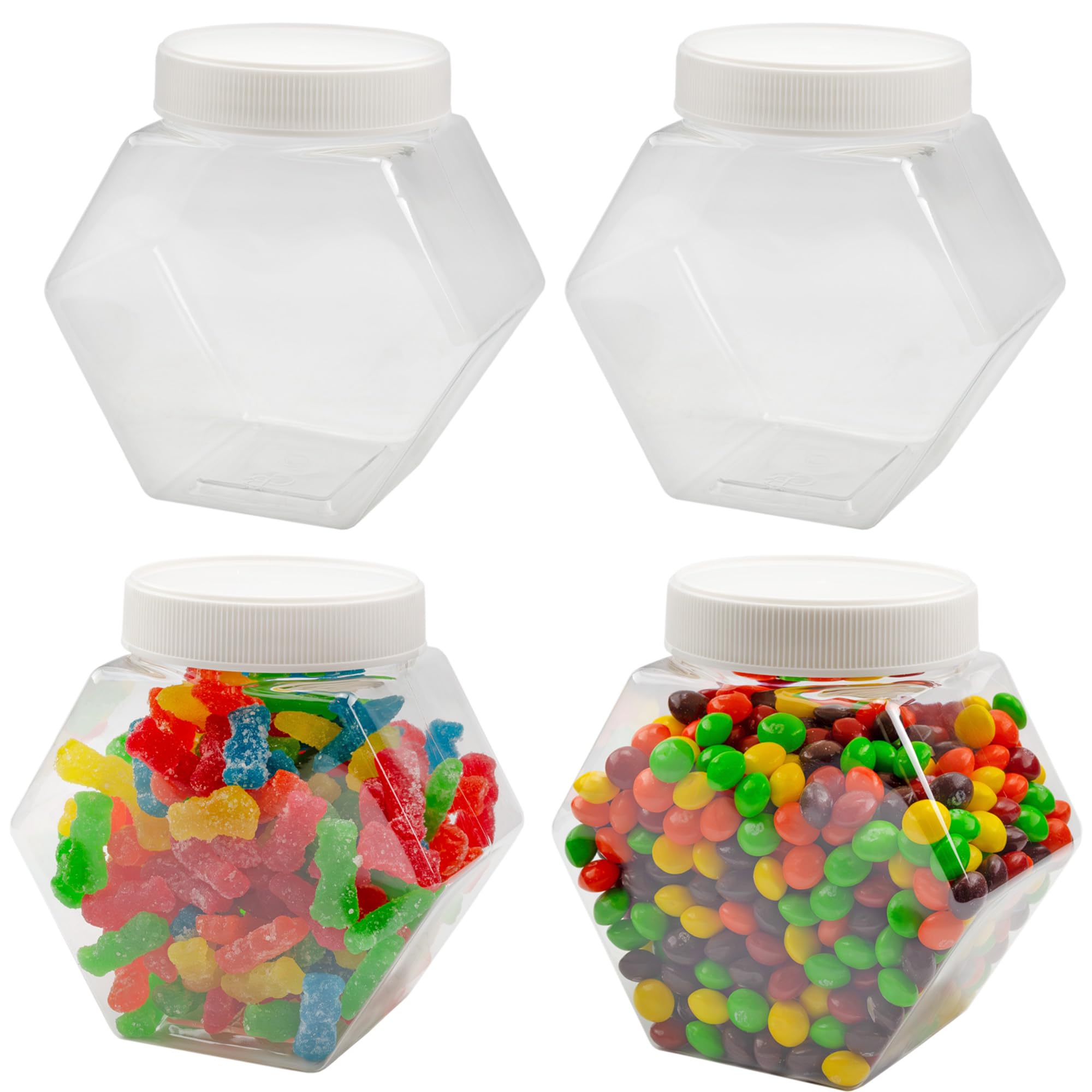 Cornucopia Plastic Hexagon Shaped Jars (4-Pack, 30oz); Value Pack of Containers for Snacks, Gifts and Storage, 2 1/2 Cup Capacity, 5 x 5 x 3 Inches