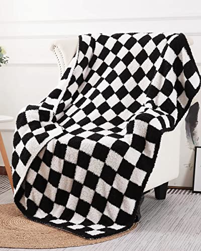 Panku Super Soft Checkered Throw Blanket, Knitted Cozy Warm Checkboard Fleece Blankets for Couch and Sofa, Reversiable Luxury Fluffy Plaid Knit Blanket Throw Black and White 50x60 Inches