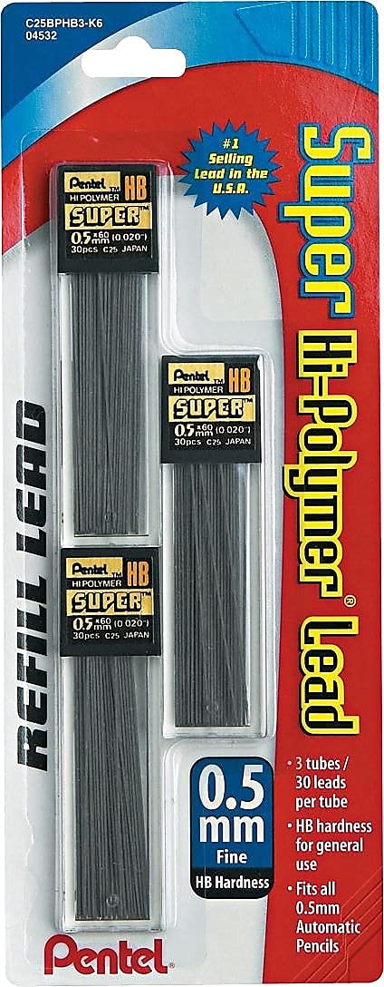 Pentel® Super Hi-Polymer® Leads, 0.5 mm, HB, 30 Leads Per Tube, Pack Of 3 Tubes