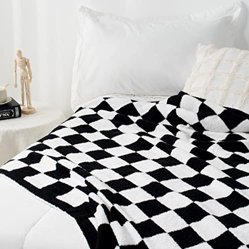 Carriediosa Black Checkered Blanket, Soft Fluffy Plaid Throw Blanket for Sofa Bed Chair, Knitted Farmhouse Luxurious Microfiber Feather Yarn Warm Blankets (Black Check 50" x 60")