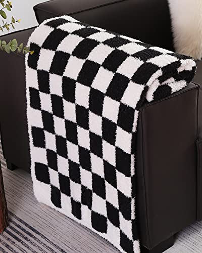 Panku Super Soft Checkered Throw Blanket, Knitted Cozy Warm Checkboard Fleece Blankets for Couch and Sofa, Reversiable Luxury Fluffy Plaid Knit Blanket Throw Black and White 50x60 Inches