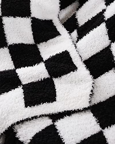 Panku Super Soft Checkered Throw Blanket, Knitted Cozy Warm Checkboard Fleece Blankets for Couch and Sofa, Reversiable Luxury Fluffy Plaid Knit Blanket Throw Black and White 50x60 Inches