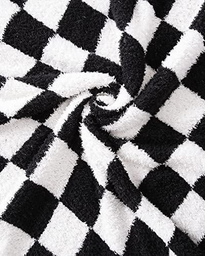 Panku Super Soft Checkered Throw Blanket, Knitted Cozy Warm Checkboard Fleece Blankets for Couch and Sofa, Reversiable Luxury Fluffy Plaid Knit Blanket Throw Black and White 50x60 Inches