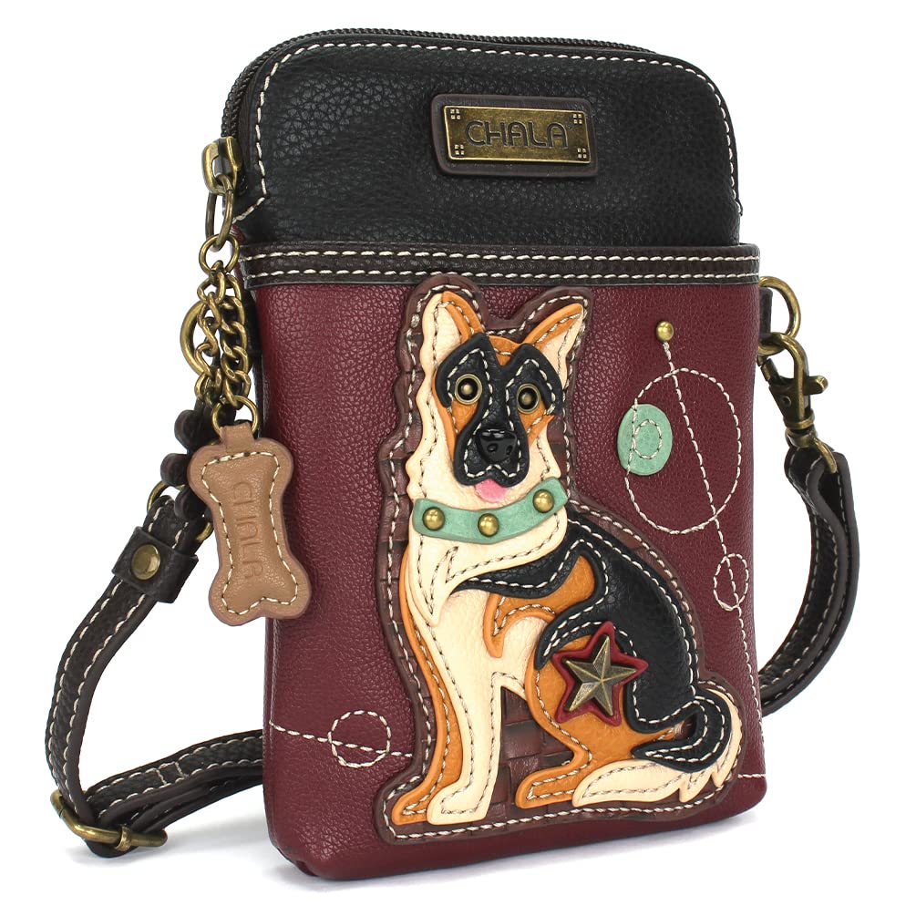 CHALA Cell Phone Crossbody Purse-Women PU Leather/Canvas Multicolor Handbag with Adjustable Strap - German Shepherd Gen II - maroon