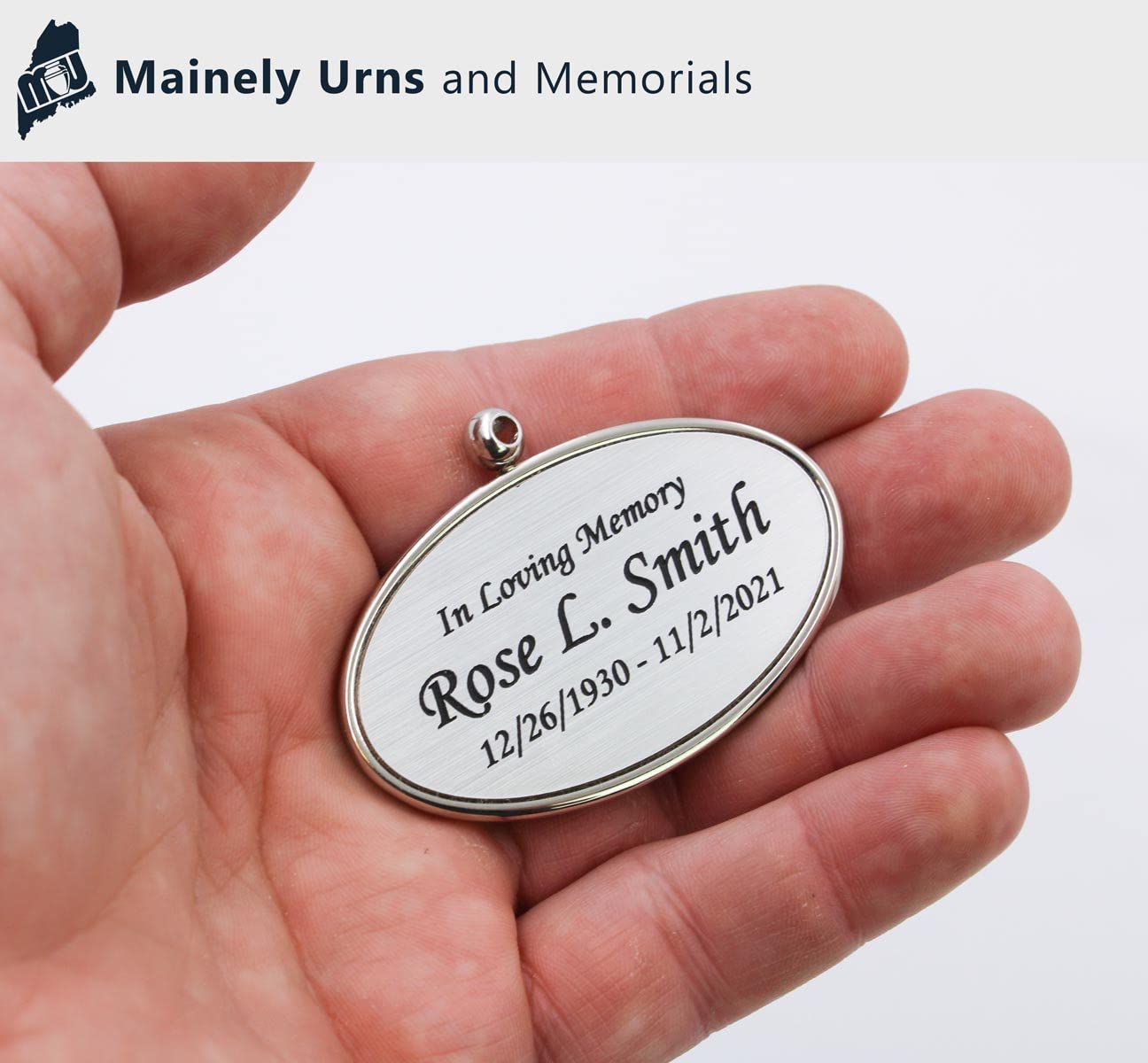 Hanging Silver Oval Personalized Pendant For Cremation Urns That Can’t Be Engraved - Includes Silver Satin Ribbon - Made of Solid Brass - Silver Tone Finish with Black Engraving