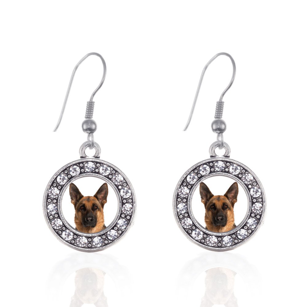 Inspired Silver - German Shepherd Face - Silver Dangle Earrings for Women - Circle Charm Earrings French Hook Drop with Cubic Zirconia - Women's Dangly Earrings Jewelry Gift
