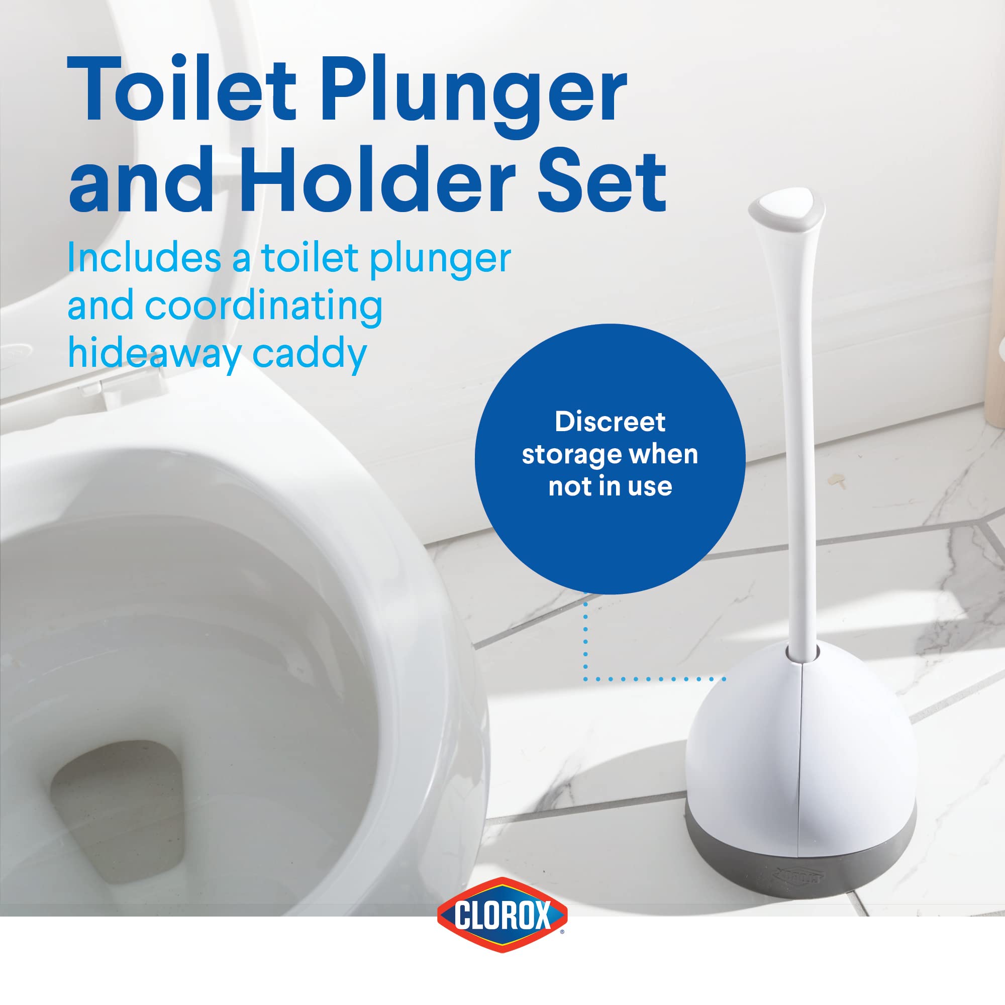 Clorox Toilet Plunger and Hideaway Caddy Bathroom Combo, White/Grey