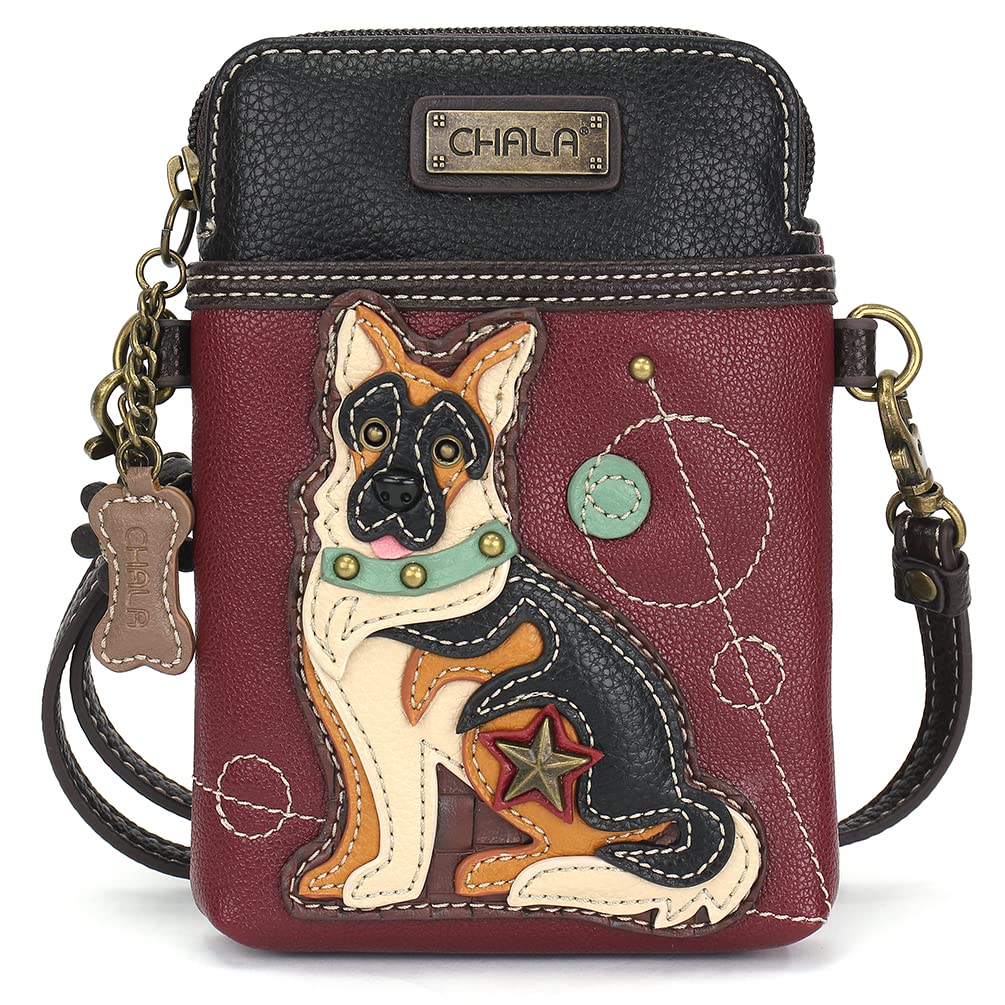 CHALA Cell Phone Crossbody Purse-Women PU Leather/Canvas Multicolor Handbag with Adjustable Strap - German Shepherd Gen II - maroon