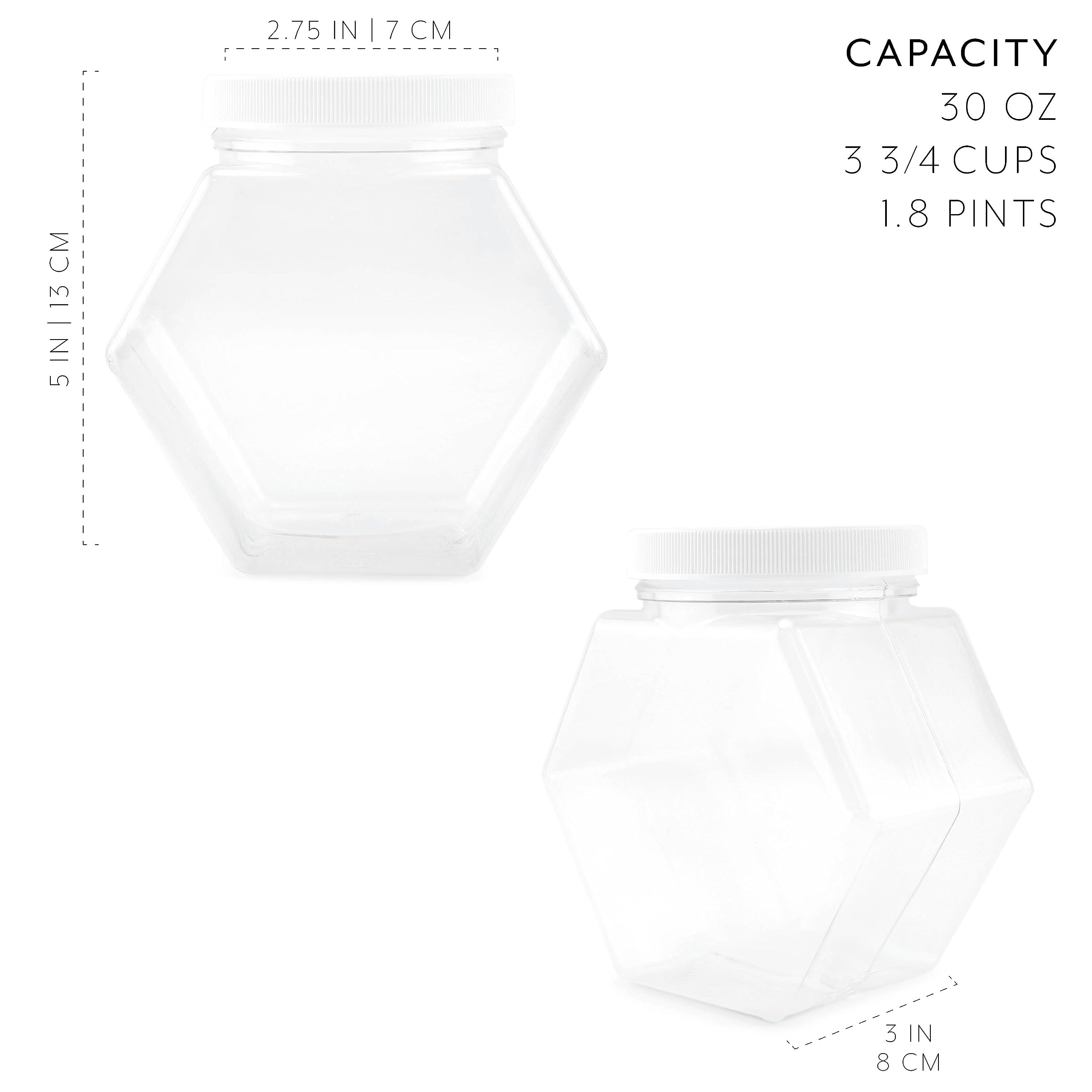 Cornucopia Plastic Hexagon Shaped Jars (4-Pack, 30oz); Value Pack of Containers for Snacks, Gifts and Storage, 2 1/2 Cup Capacity, 5 x 5 x 3 Inches