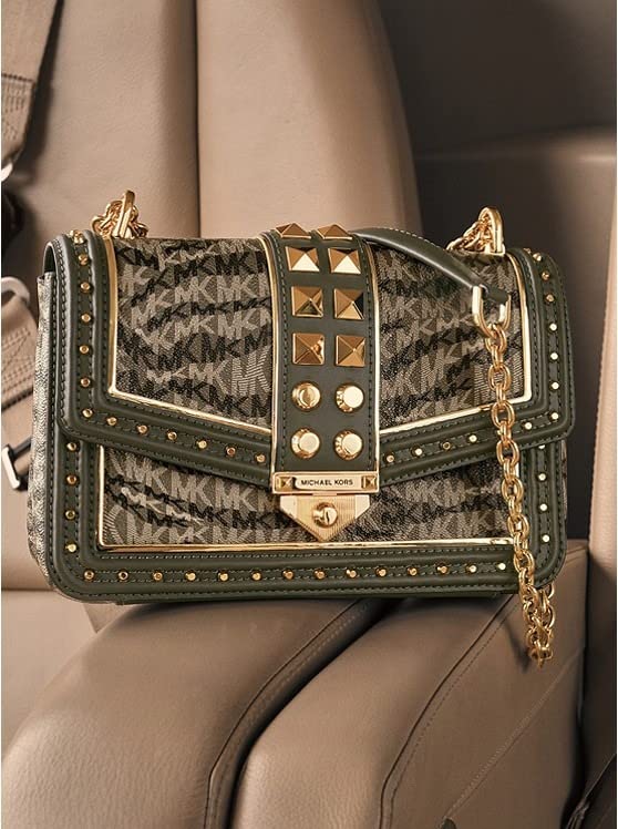 Michael Kors SOHO STUDDED LARGE ANIMAL PRINT LOGO SHOULDER BAG (Olive)