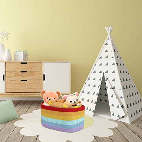 AUSSIY 1 Pack Rope Baskets for Storage Basket, Cotton Rope Woven Basket with Handles. Blanket Basket for Storing Clothes, Toys, Books, Shelves etc, 15''L x 10''W x 9.5''H, Rainbow Baskets