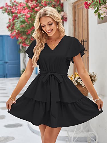 ZAFUL Womens Casual Short Sleeve Mini Dress V Neck Tie Waist Solid Tiered Ruffle Swing A-Line Dress (Black, M)