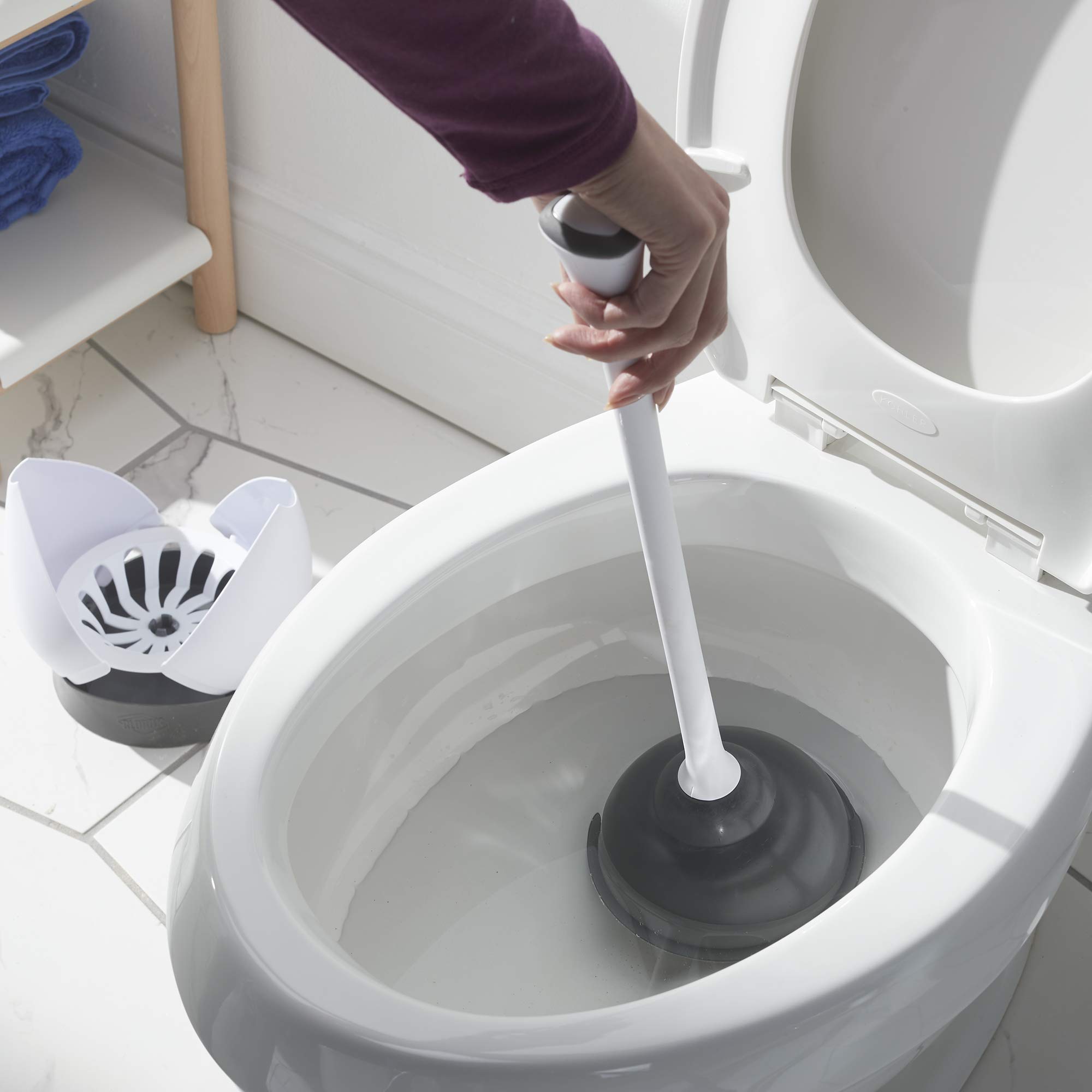 Clorox Toilet Plunger and Hideaway Caddy Bathroom Combo, White/Grey