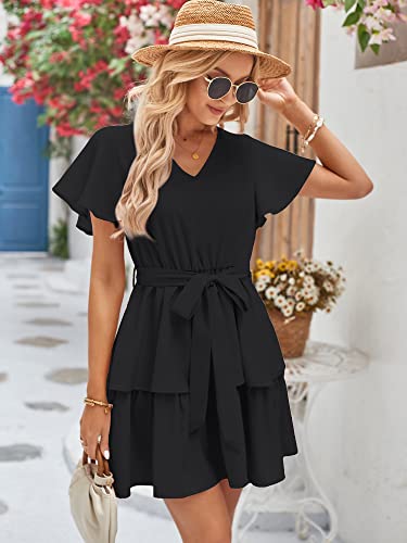 ZAFUL Womens Casual Short Sleeve Mini Dress V Neck Tie Waist Solid Tiered Ruffle Swing A-Line Dress (Black, M)