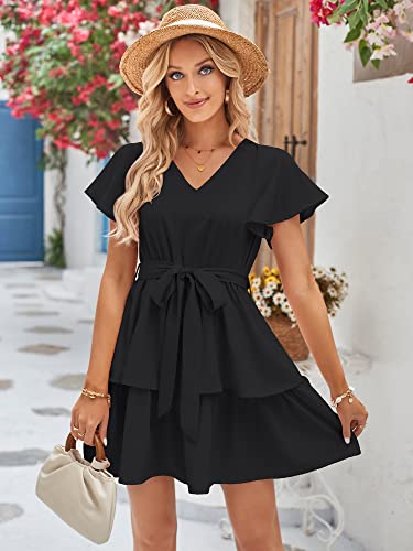 ZAFUL Womens Casual Short Sleeve Mini Dress V Neck Tie Waist Solid Tiered Ruffle Swing A-Line Dress (Black, M)