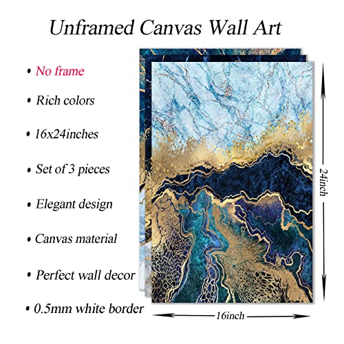 Navy Blue and Gold Marble Wall Art Abstract Marble Modern Trendy Canvas Prints Blue and White Marble Painting Abstract Shaped Artwork Light Blue and Navy Wall Art Abstract Marble 16x24inx3pcs No Frame