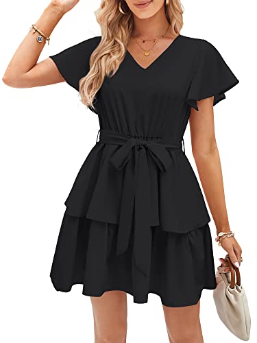 ZAFUL Womens Casual Short Sleeve Mini Dress V Neck Tie Waist Solid Tiered Ruffle Swing A-Line Dress (Black, M)
