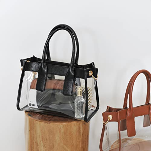HOXIS Clear PVC Women Satchel Transparent Shoulder Handbag with Vegan Leather Trim Stadiums Approved Purse (Black)