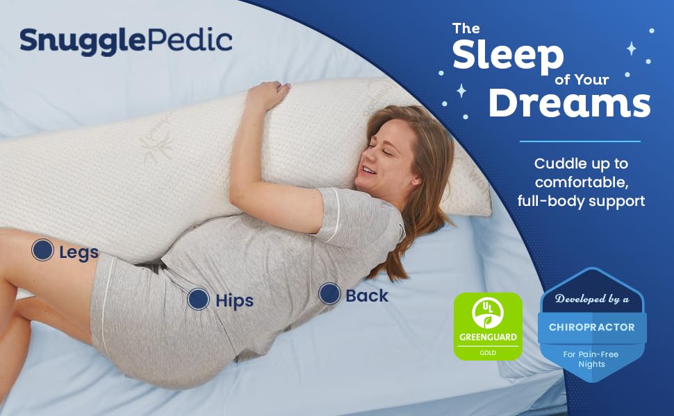 Snuggle-Pedic Long Body Pillow for Adults - Big 20x54 Pregnancy Pillows w/ Shredded Memory Foam & Bamboo Cooling Pillow Cover - Cuddle Pillow for Bed, Firm Maternity Side Sleeper Pillow Insert to Hug
