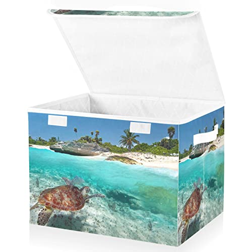 Kigai Beach Turtle Storage Baskets for Shelves Foldable Closet Basket Storage Bins with Lid for Clothes Home Office Toys Organizers