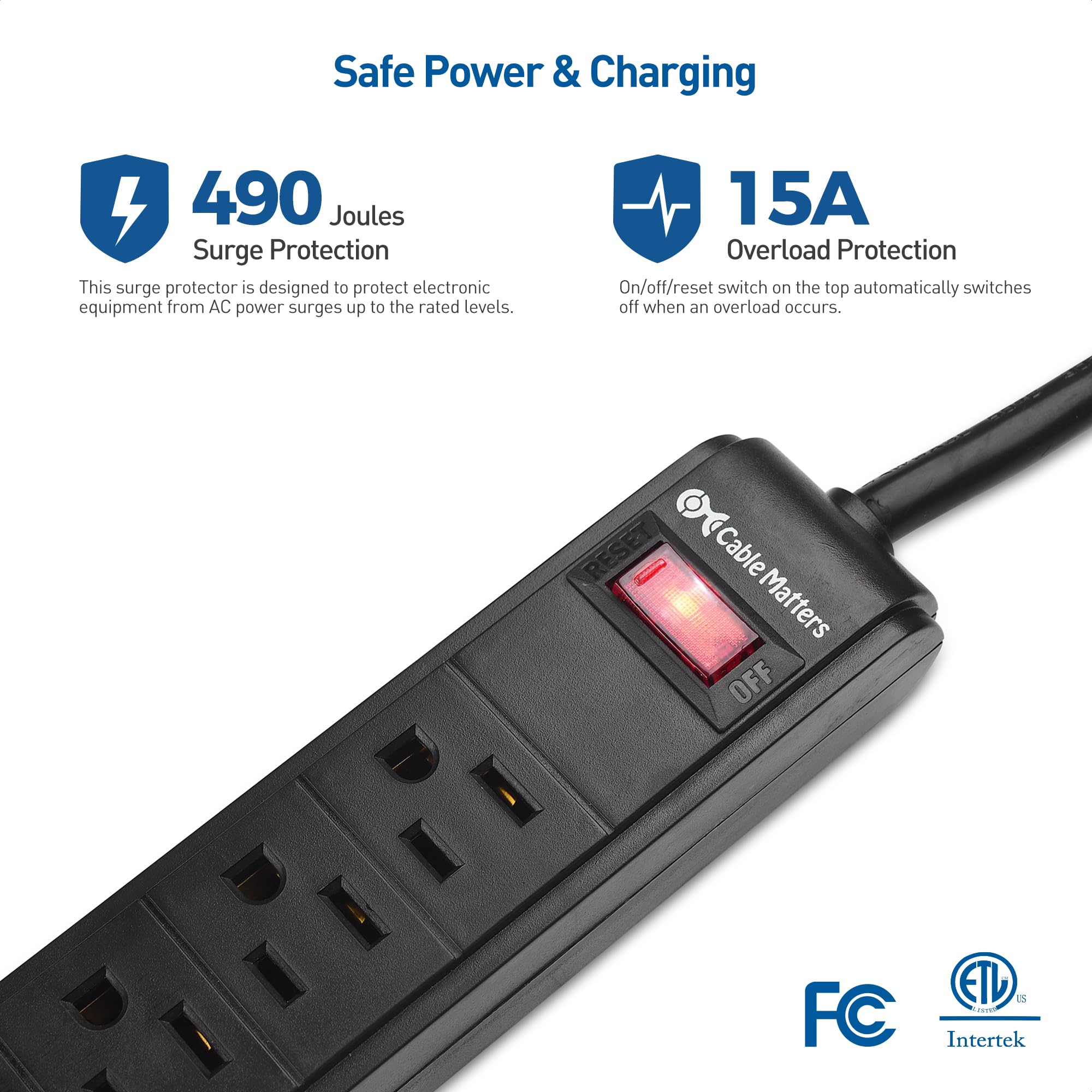 Cable Matters 2-Pack 6 Outlet Surge Protector Power Strip with USB, 8 ft Long Extension Cord (Surge Protector with USB Ports) in Black