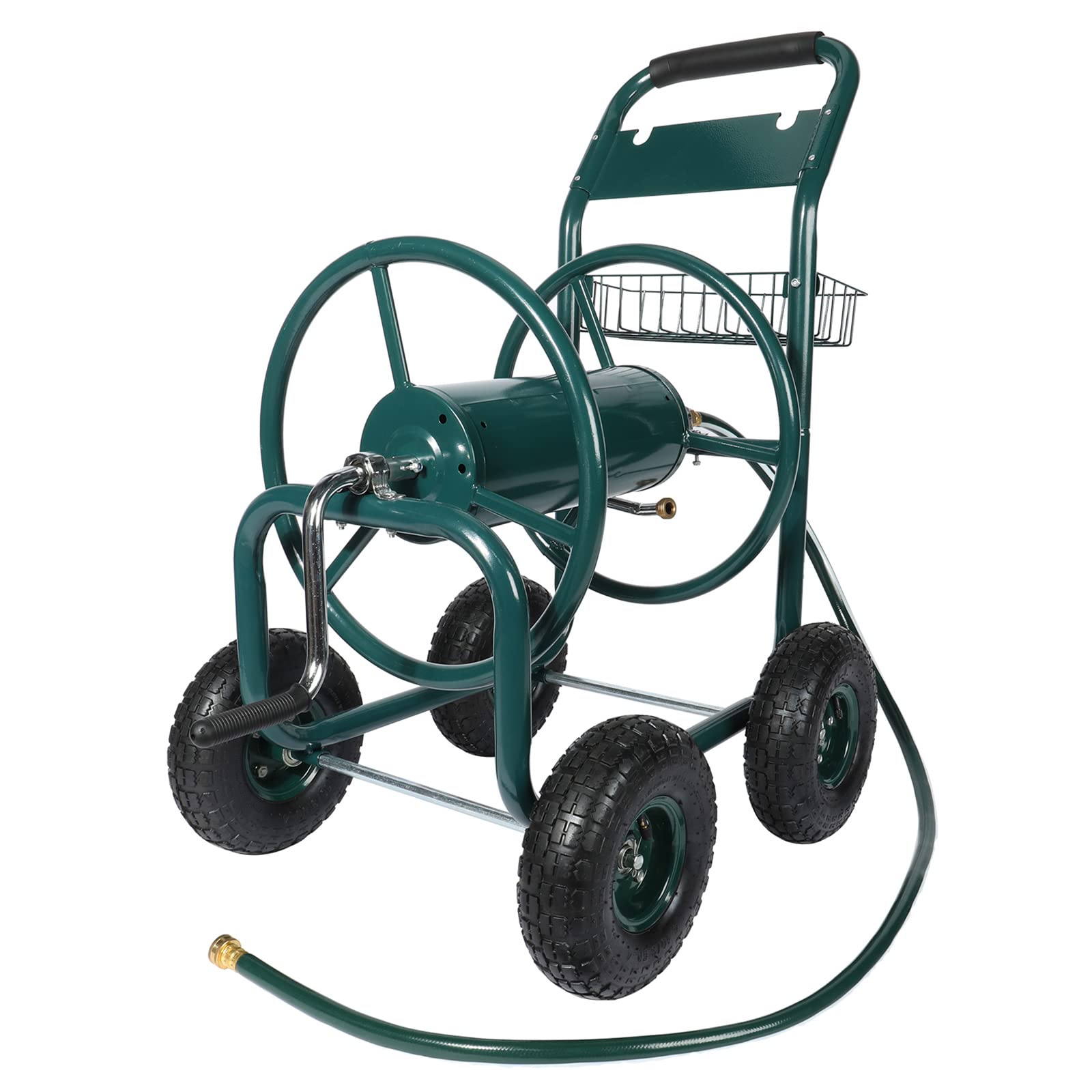 AESRAOU Industrial Hose Reel Cart - Garden Heavy Duty Hose Reel with 4 Rubber Wheels, Holds 328-Feet of 5/8" Hose Capacity for Outside Garden & Yard