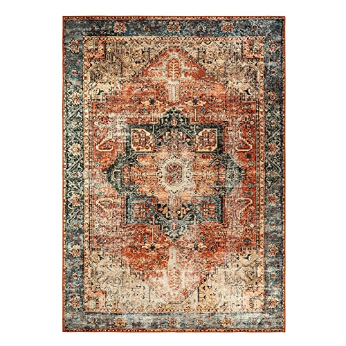 Wonnitar Machine Washable Large Area Rug - 5x7 Persian Ultra-Thin Living Room Throw Rug,Distressed Non-Slip Vintage Dining Room Mat,Oriental Printed Indoor Carpet for Bedroom Basement Dorm,Orange
