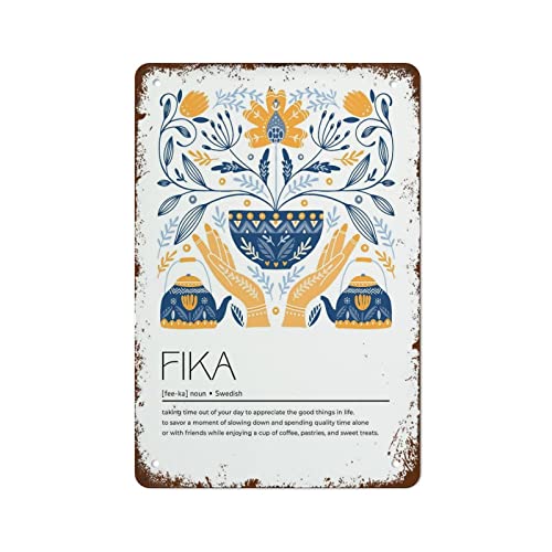 Fika Definition, Scandi Style Folk Art Print, Nordic Decor, Swedish Word Home Decor Metal Signs Metal Tin Sign Vintage Wall Decor Funny Decorations for Home Bar Cafe Farm Metal Poster 8x12 Inch