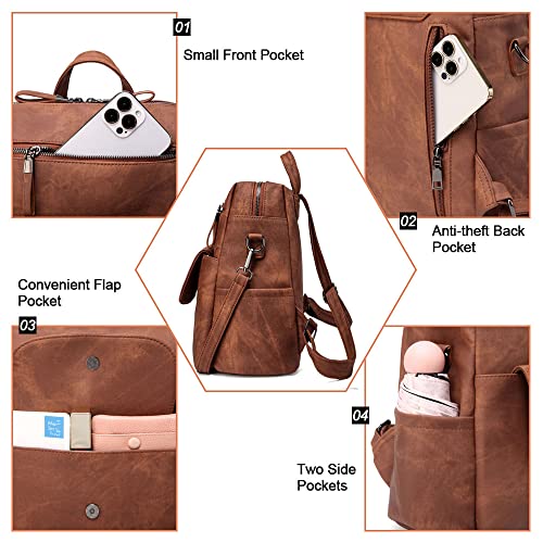 LAFRIOUS Mini Backpack Purse, PU Leather Convertible Women Travel Daypack Multipurpose Design Handbag Anti-theft Shoulder Bag with Detachable Shoulder Strap Brown
