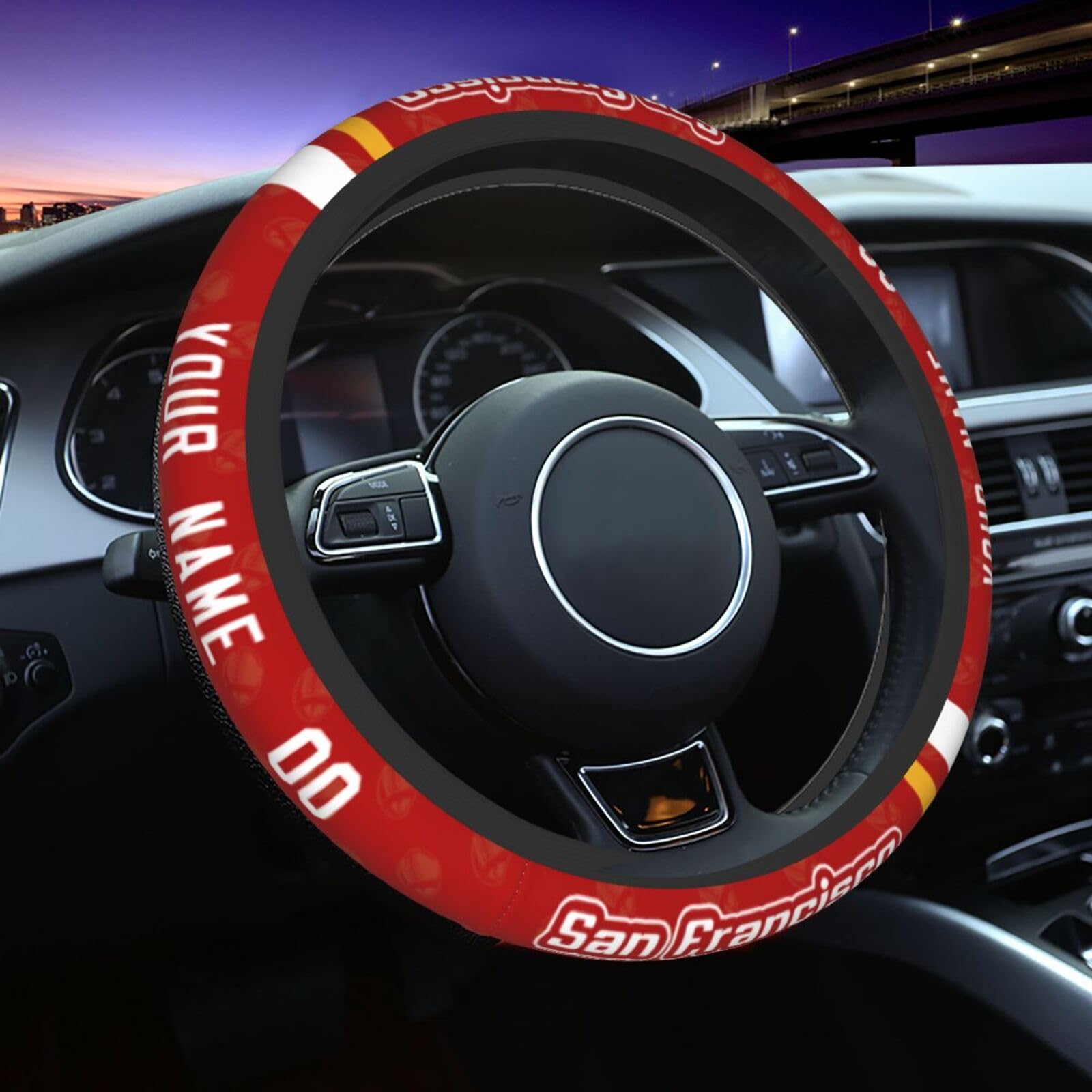 Gisvs San Francisco Custom Football Car Steering Wheel Covers,Personalized Name Number Anti Slip and Sweat Absorption Anti-Slip Car Accessories for Most Vehicle Sedan, Truck, SUV, Trailer