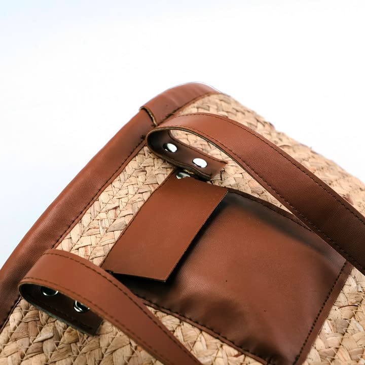 YAHUAN Woven Straw Bag Seagrass Tote Handbag with Leather Pocket Handmade Beach Bag for Women for Shopping & Vacation (Original)