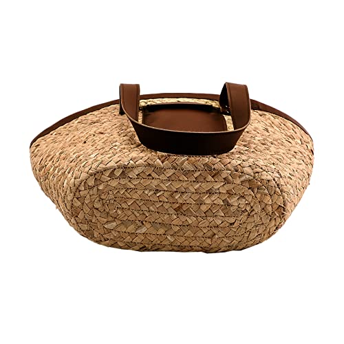 YAHUAN Woven Straw Bag Seagrass Tote Handbag with Leather Pocket Handmade Beach Bag for Women for Shopping & Vacation (Original)