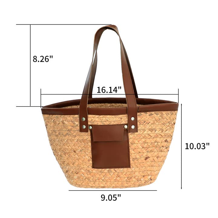 YAHUAN Woven Straw Bag Seagrass Tote Handbag with Leather Pocket Handmade Beach Bag for Women for Shopping & Vacation (Original)