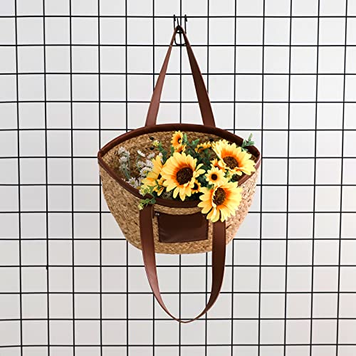 YAHUAN Woven Straw Bag Seagrass Tote Handbag with Leather Pocket Handmade Beach Bag for Women for Shopping & Vacation (Original)