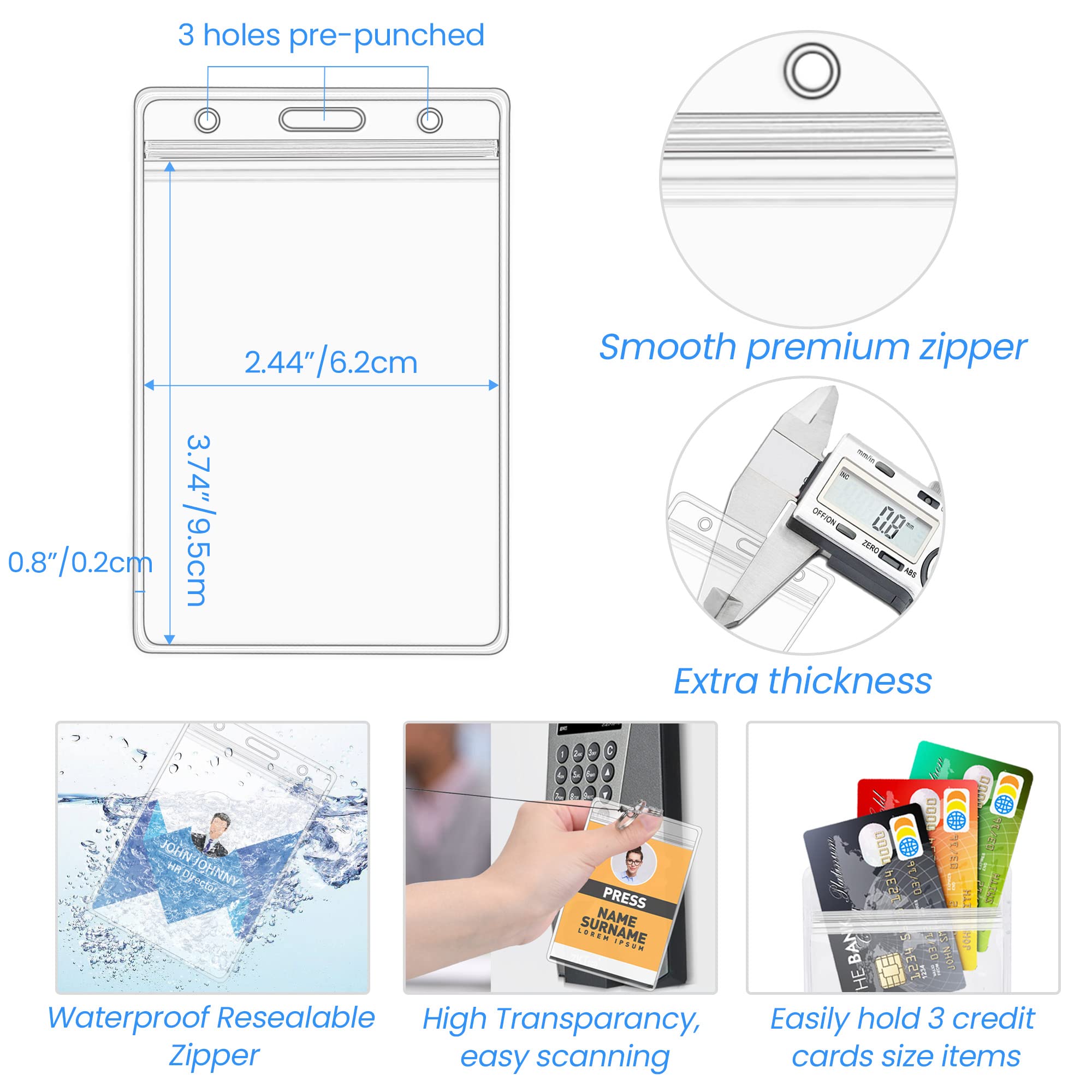6 Pack Extra Thick ID Badge Holder - Vertical Clear ID Holder for Lanyard - ID Card Holder with Waterproof Resealable Zip - Name Tag Holder for Nurses, Office and School