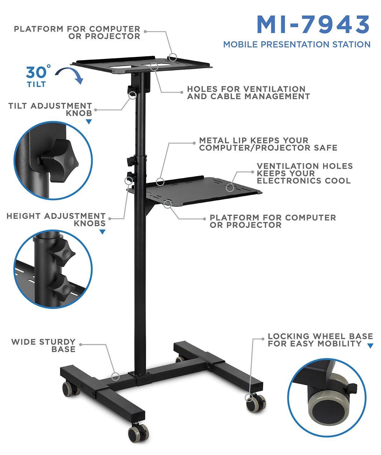 Mount-It! Mobile Projector and Laptop Stand (2 Shelves), Rolling Cart with Ventilated Tray, Heavy Duty, Height Adjustable Laptop and Projector Presentation Trolley, Black