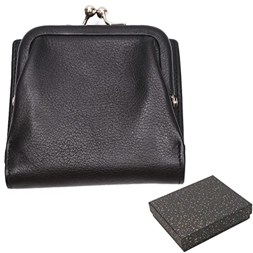 Rfid Blocking Genuine Leather Wallet for Women,Full Grain Leather Bifold Small Ladies Purse,with Kiss Lock Closure Coin Pocket and ID Card Holder,Black Soft Cow Leather,Packed with Gift Box (Black)